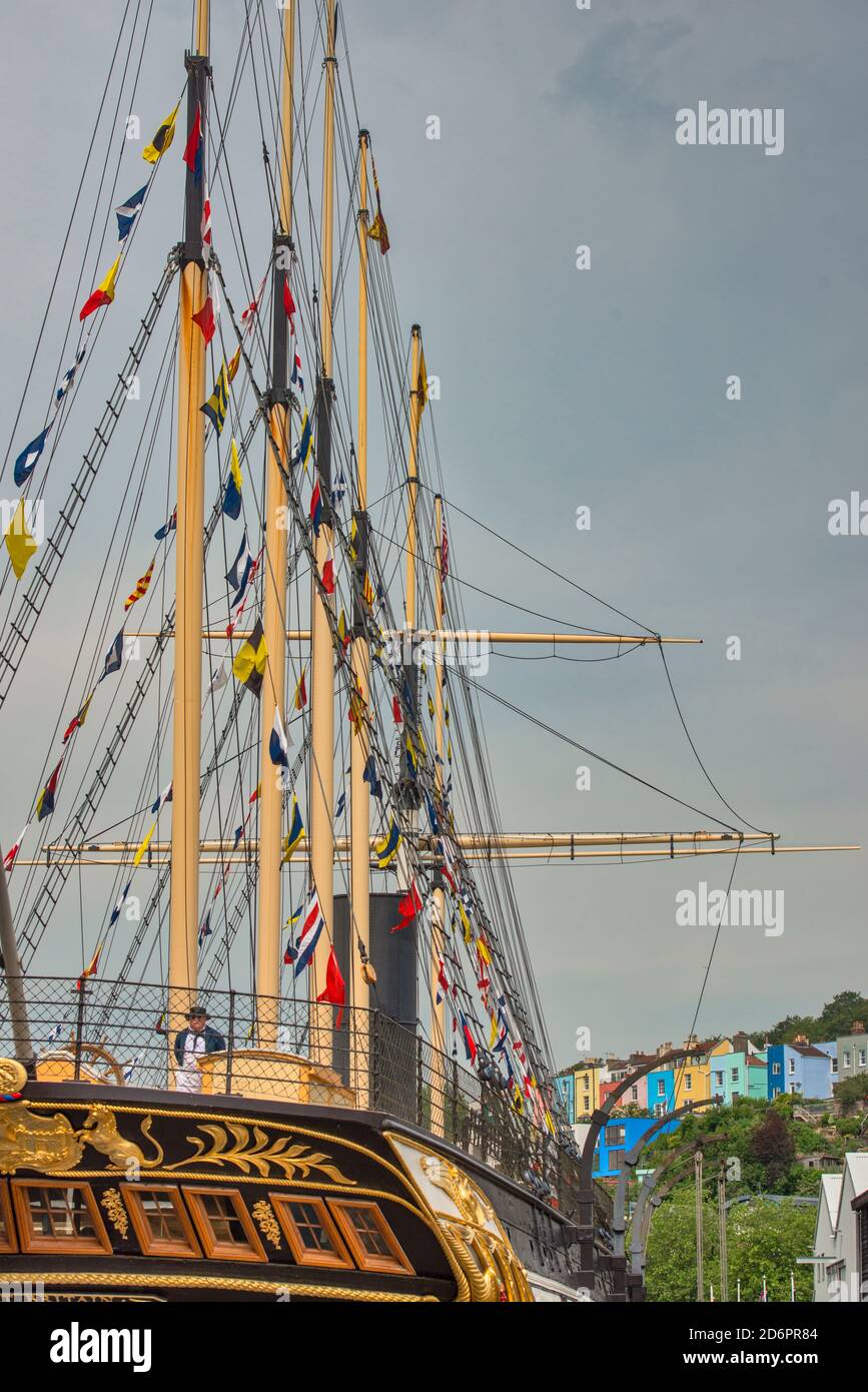 SS Great Britain stern view. Actor in Victorian dress uniform on top ...