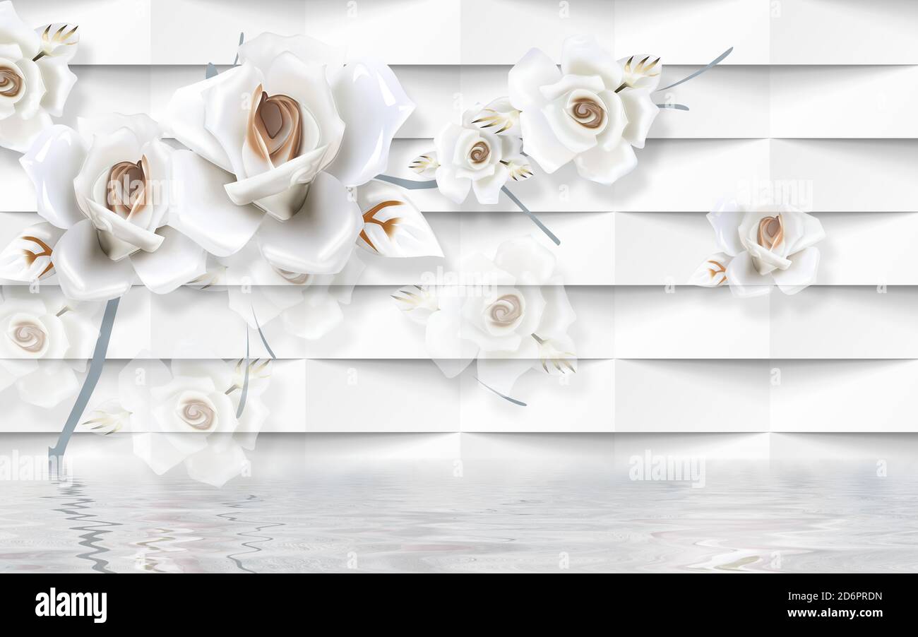 3d illustration, white embossed background, large white roses ...