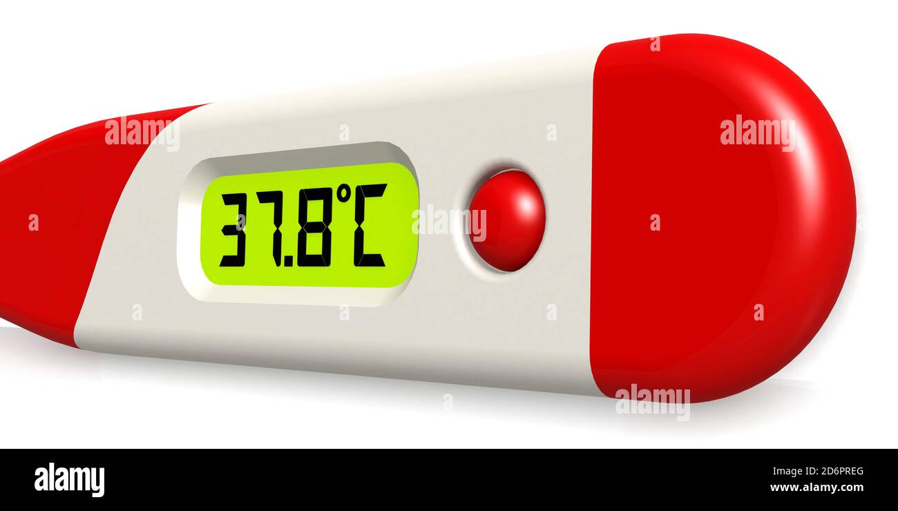 Red digital medical thermometer with fever temperature, 3D rendering ...