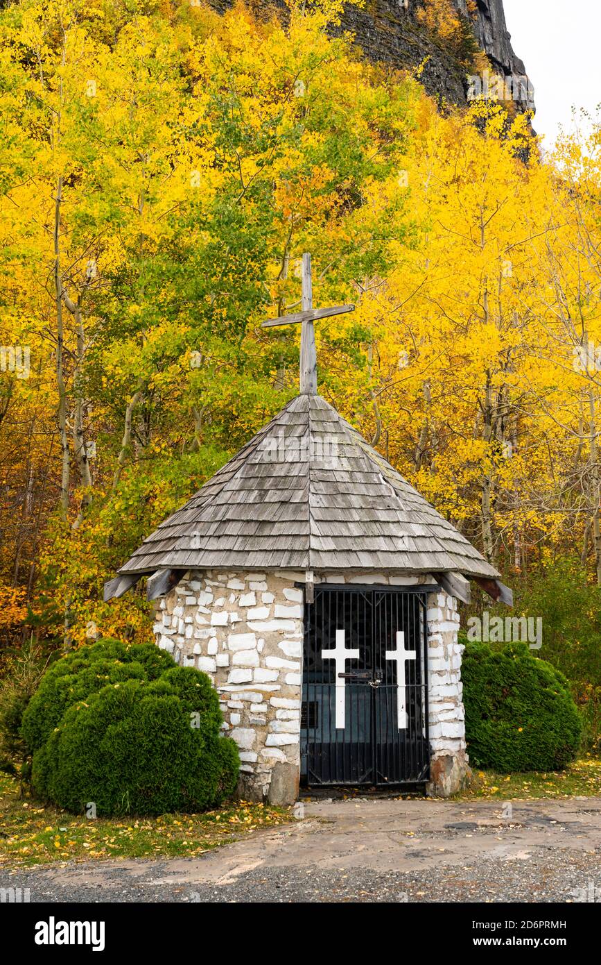 A small chapel and fall foliage color at the Mount McKay lookout ...