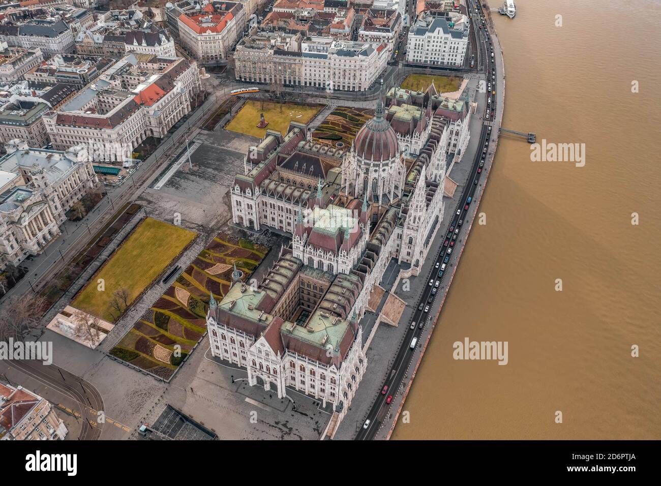 High angle aerial drone view of Hungarian Parliament in Budapest winter ...