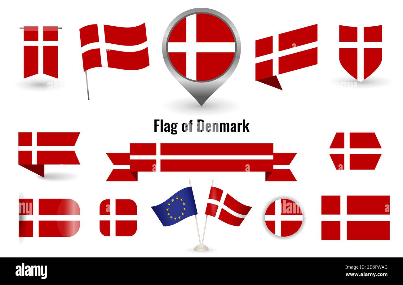 The Flag of Denmark. Big set of icons and symbols. Square and round ...