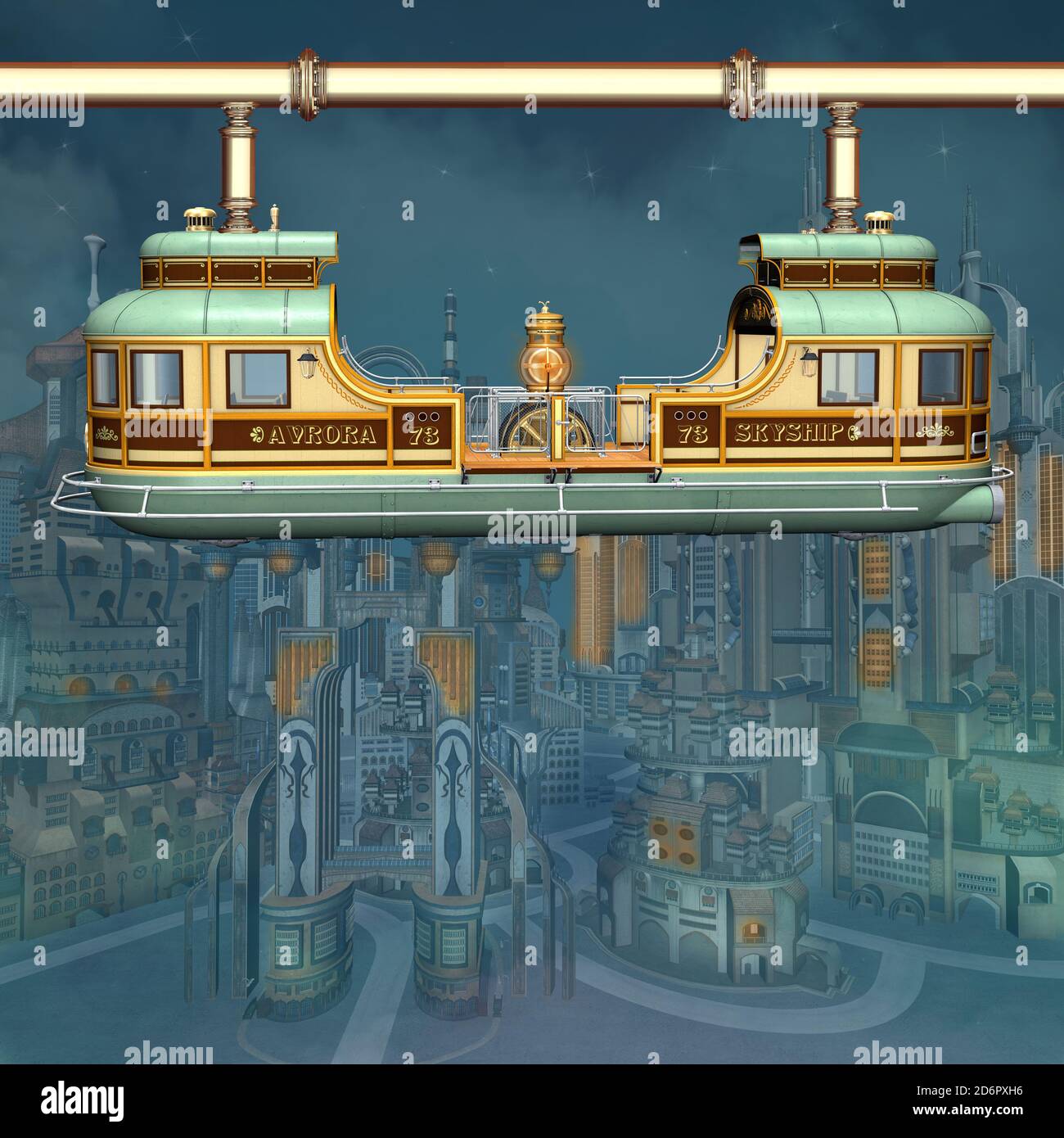 Steampunk fantasy tourist bus in a futuristic town Stock Photo - Alamy