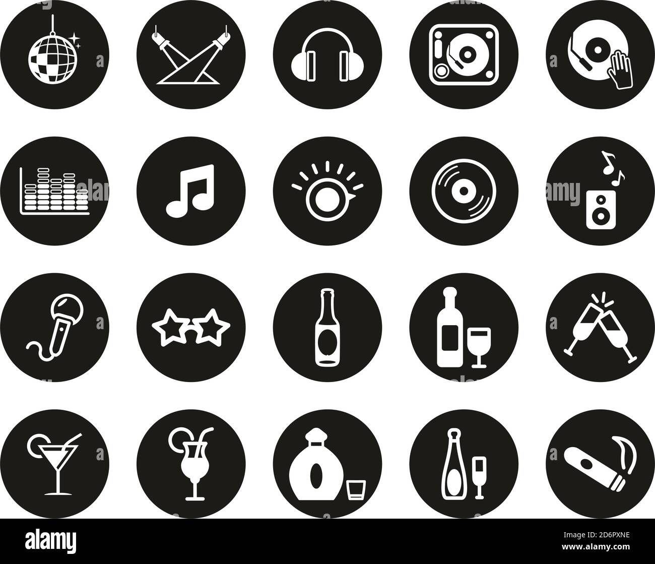 Disco Or Night Club Icons White On Black Flat Design Circle Set Big ...
