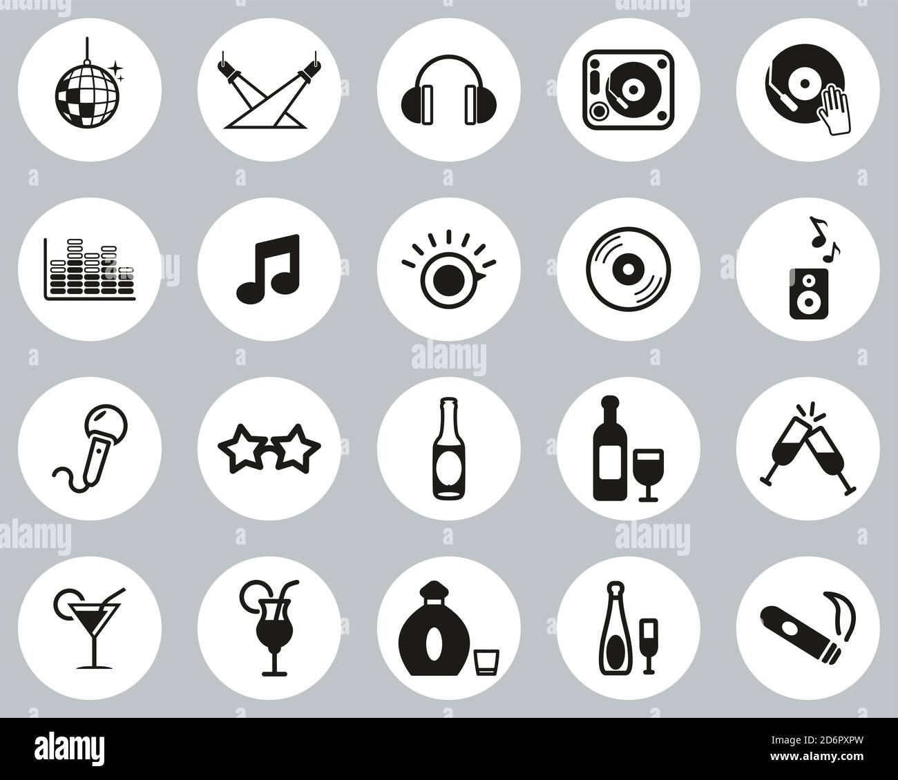 Disco Or Night Club Icons Black & White Flat Design Circle Set Big ...