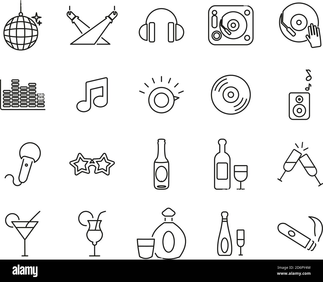 Disco Or Night Club Icons Black & White Thin Line Set Big Stock Vector ...