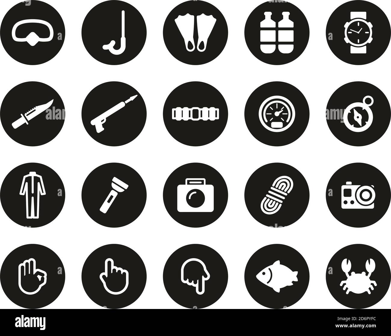 Diving & Diving Gear Icons White On Black Flat Design Circle Set Big ...
