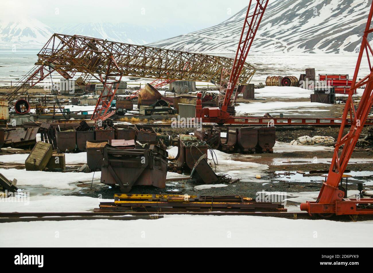 Decaying mining equipment in the arctic town Pyramiden at Svalbard ...