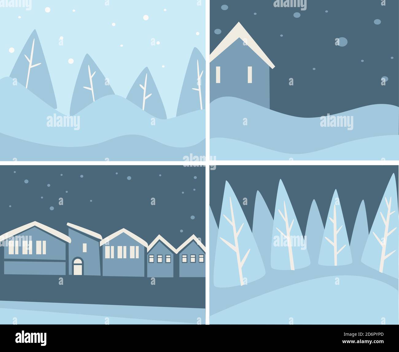 Wintertime scenery set, landscapes and cityscapes with snowflakes ...