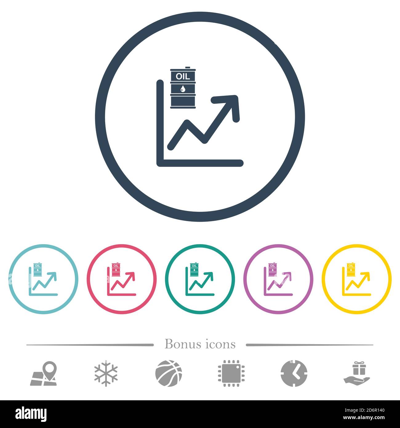 Oil trade graph flat color icons in round outlines. 6 bonus icons ...