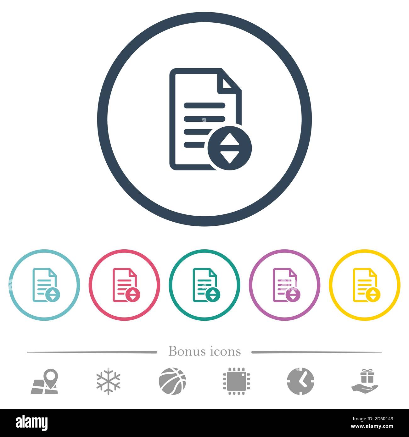Document scrolling flat color icons in round outlines. 6 bonus icons ...