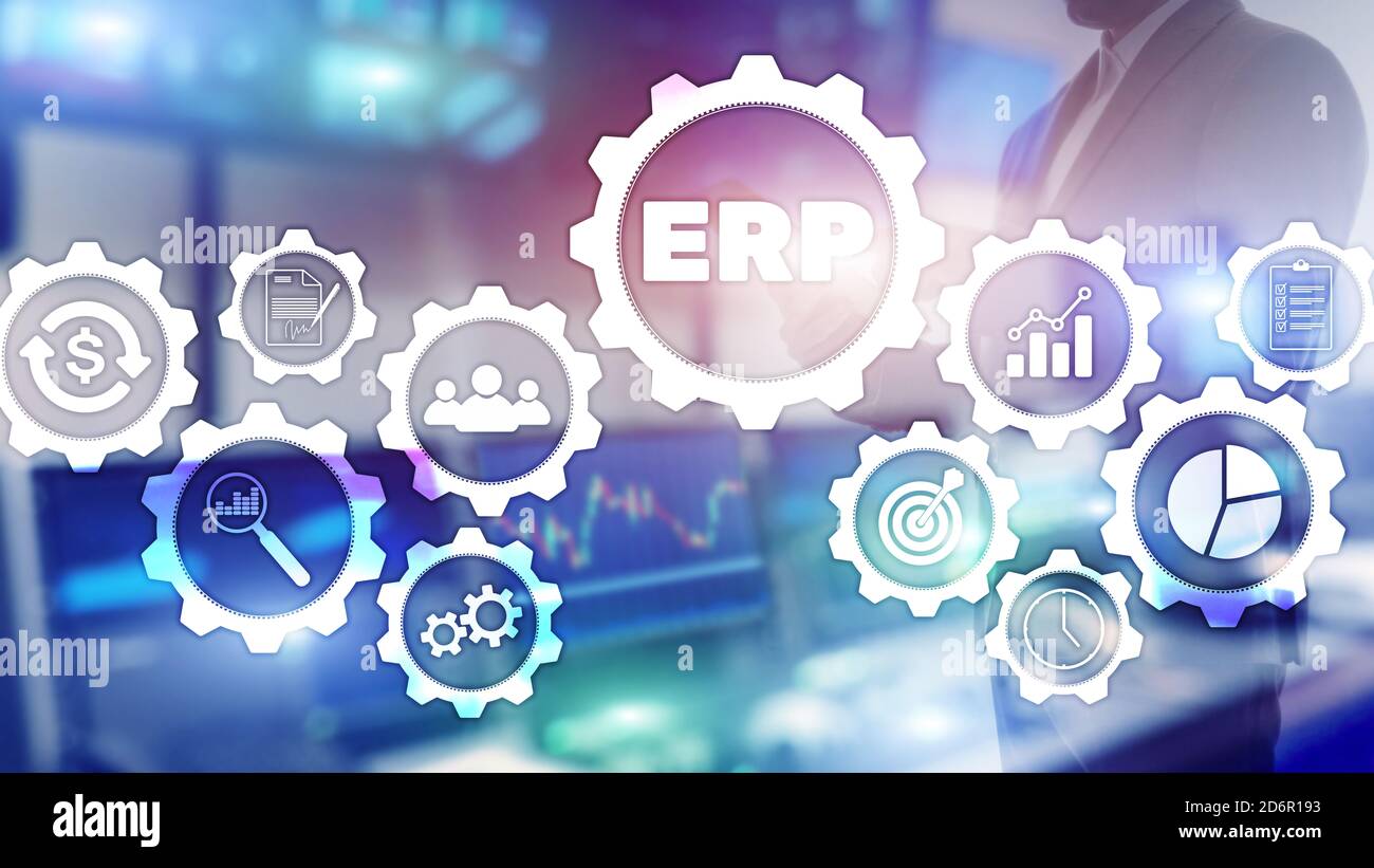ERP system, Enterprise resource planning on blurred background. Business automation and ...