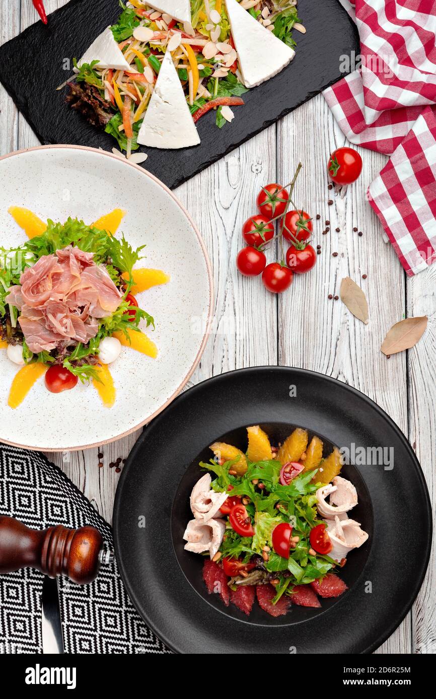 Top view of a cooked served dishes of restaurant's menu Stock Photo - Alamy