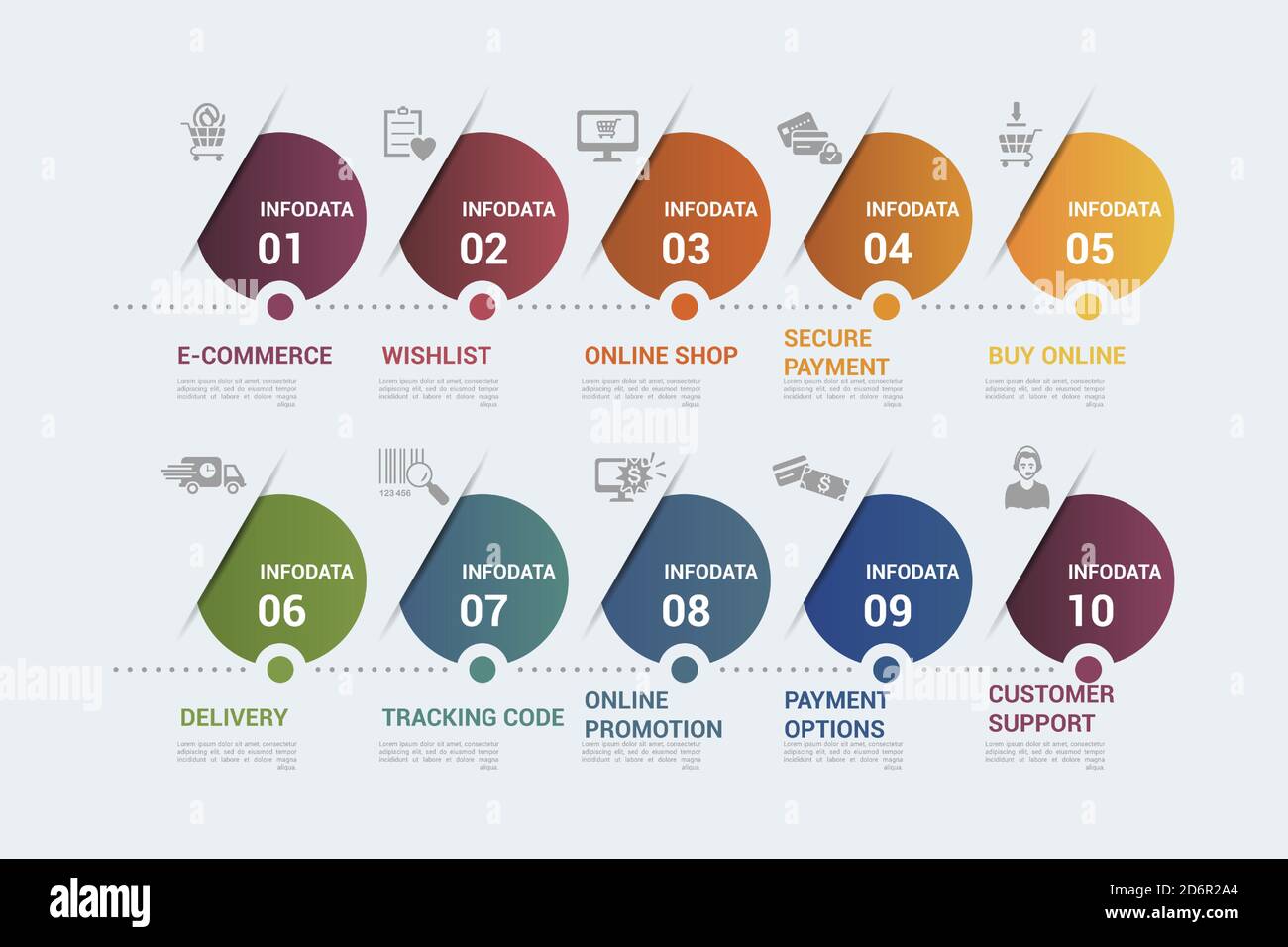 Infographic E-Commerce template. Icons in different colors. Include E ...
