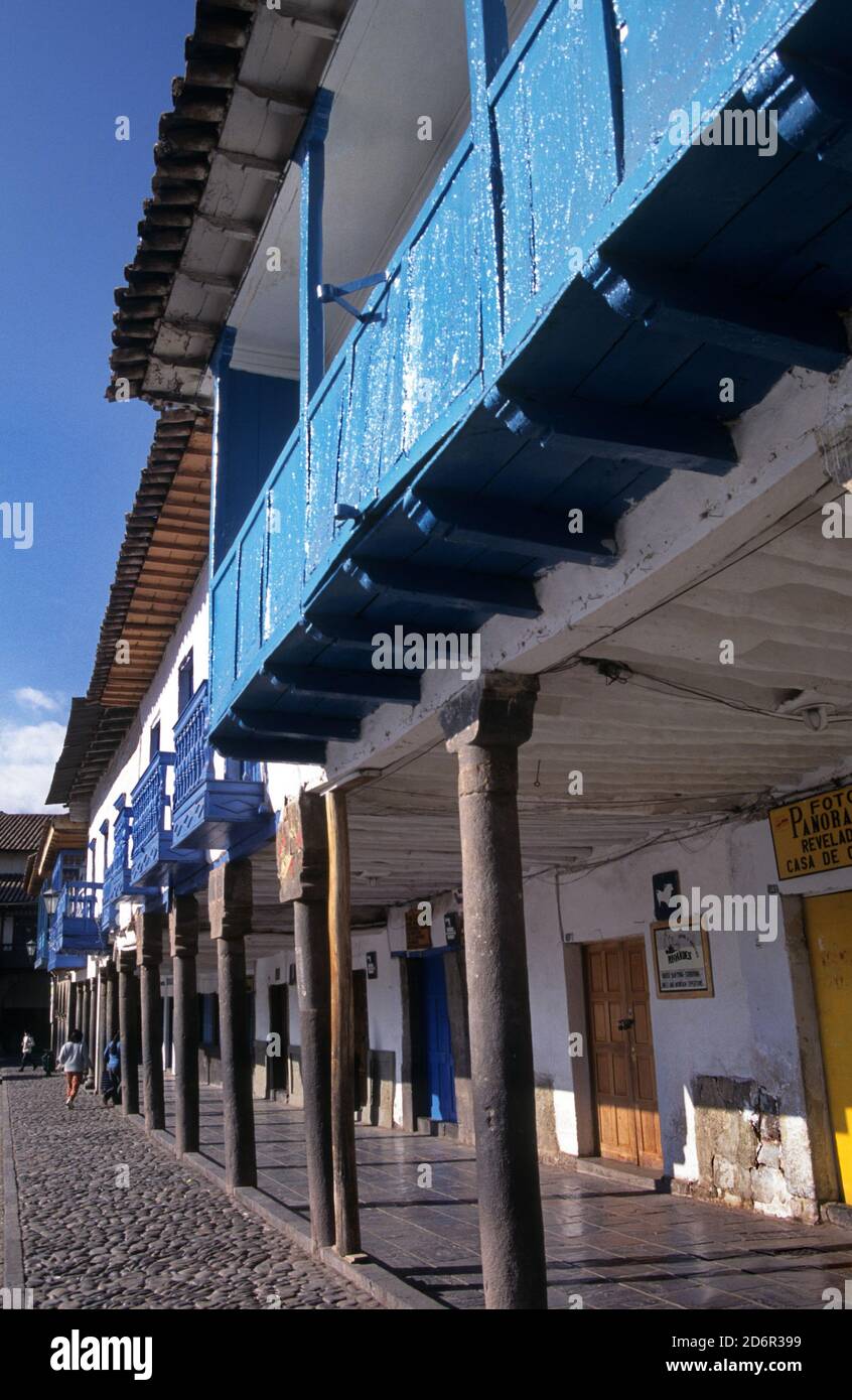 A row of historic two-storey houses in the Plaza de Armas, the main ...