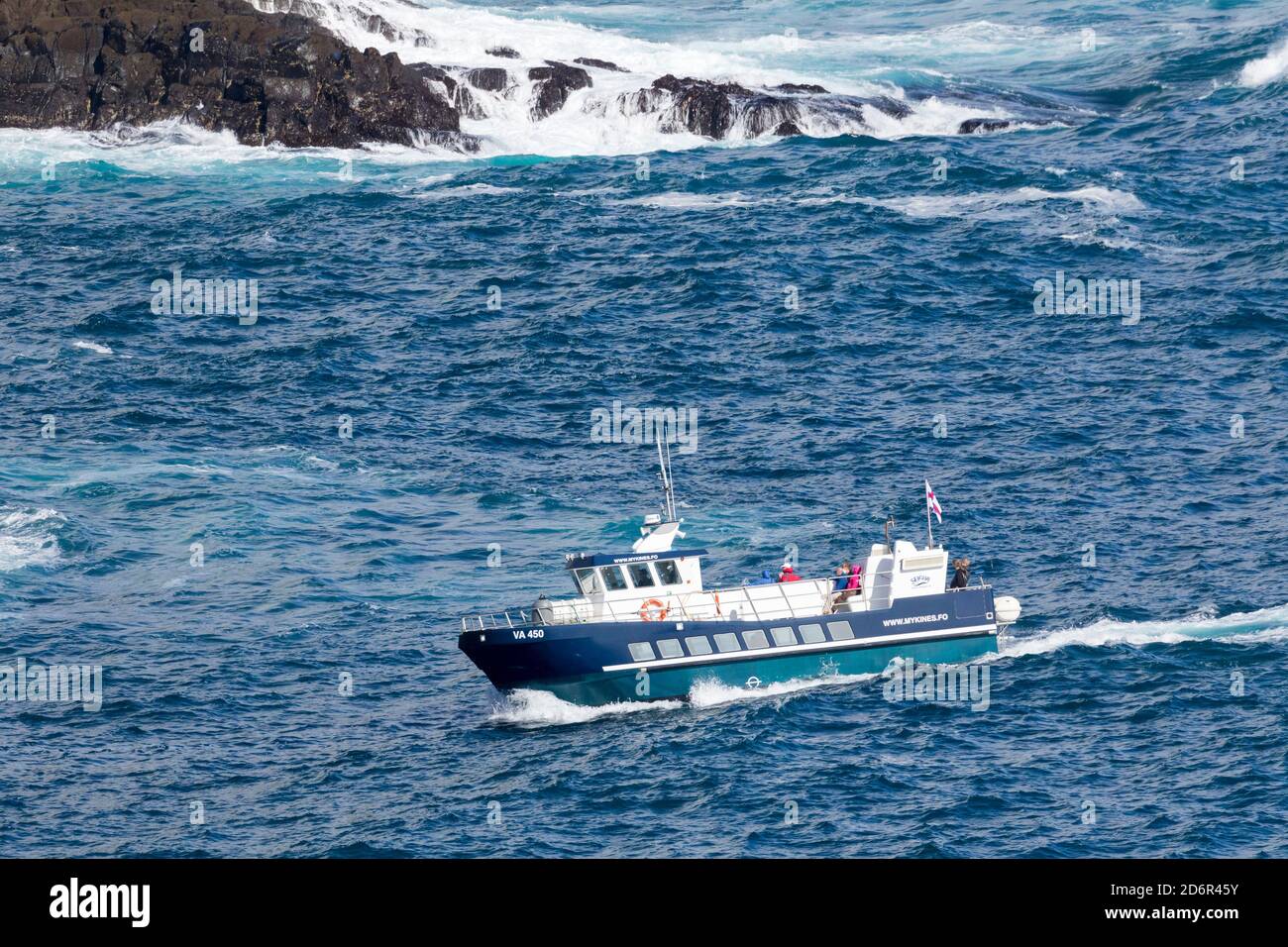 The ferry. The island Mykines, part of the Faroe Islands in the North ...