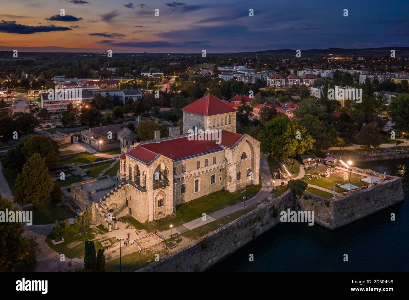 Tata, Hungary - Aerial view of the beautiful illuminated Castle of Tata ...