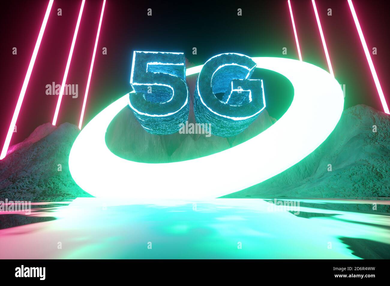 3D rendering of the 5G futuristic concept on a modern neon abstract ...
