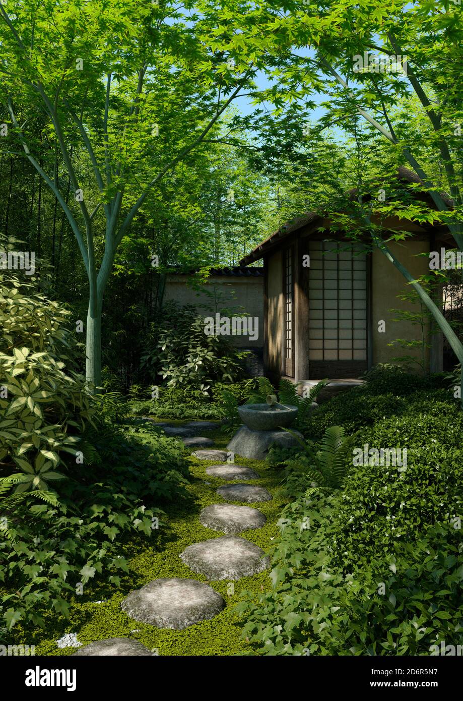 3D rendering of a green Japanese garden with a tea house Stock Photo ...