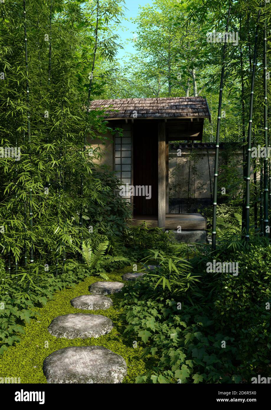 3D rendering of a green Japanese garden with a tea house Stock Photo ...