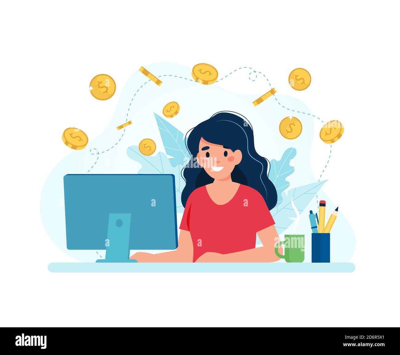 Earn money online, woman with a computer and coins. illustration in ...