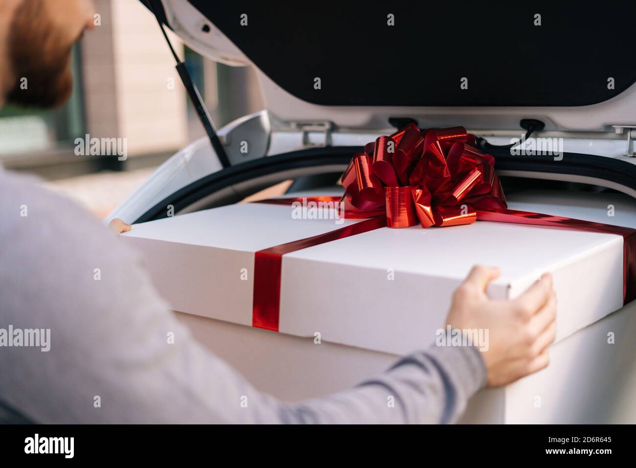 Close-up view of delivery man standing near car preparing to take ...