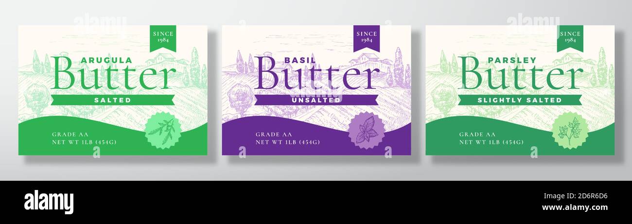 Arugula, Basil and Parsley Butter Dairy Labels Collection. Abstract ...