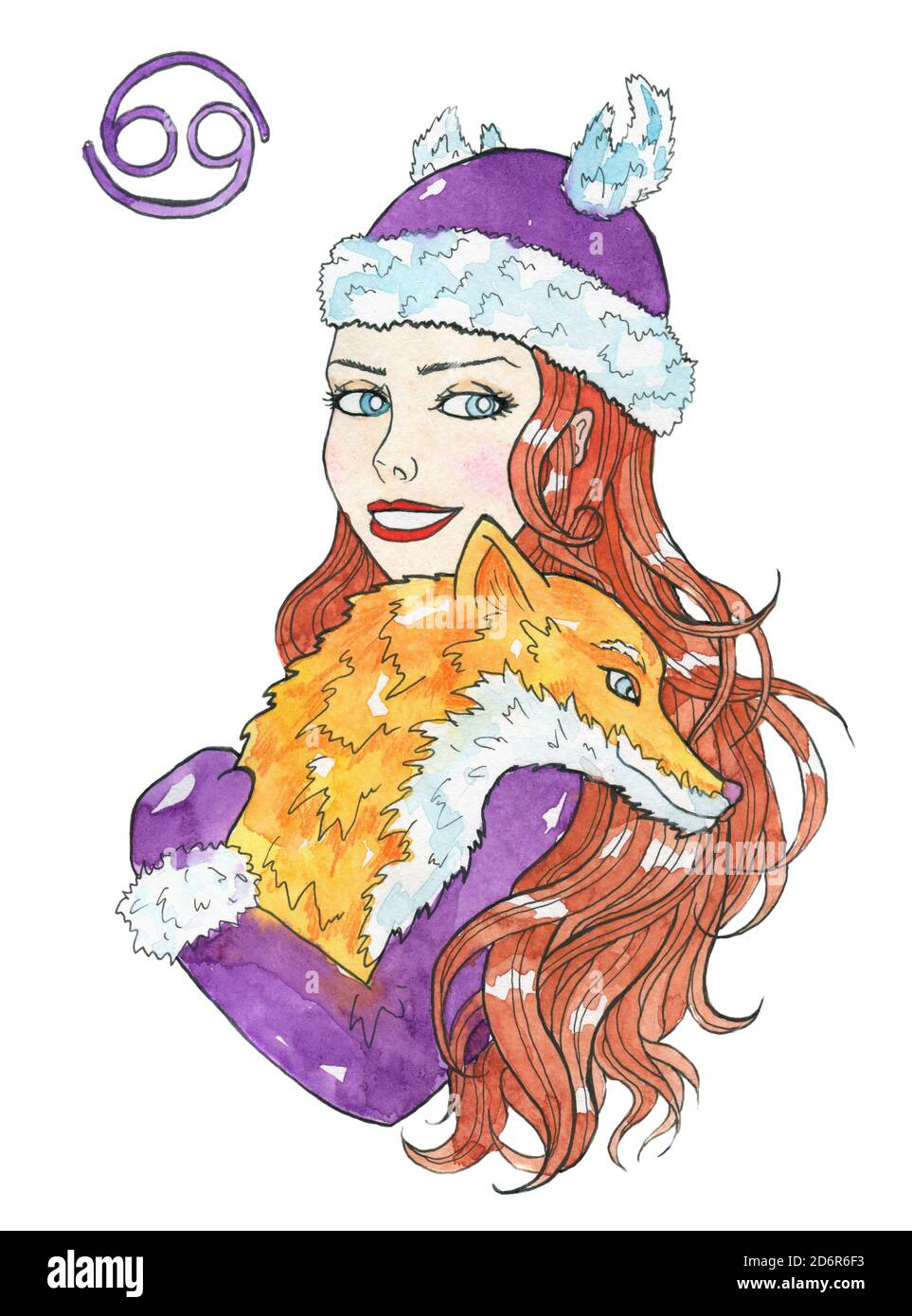 Cancer zodiac symbol. Beautiful girl with red hair holding cute fox ...