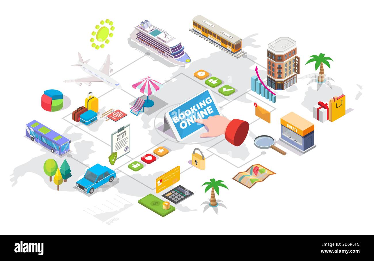 Travel booking services isometric flowchart. Vector illustration Stock ...