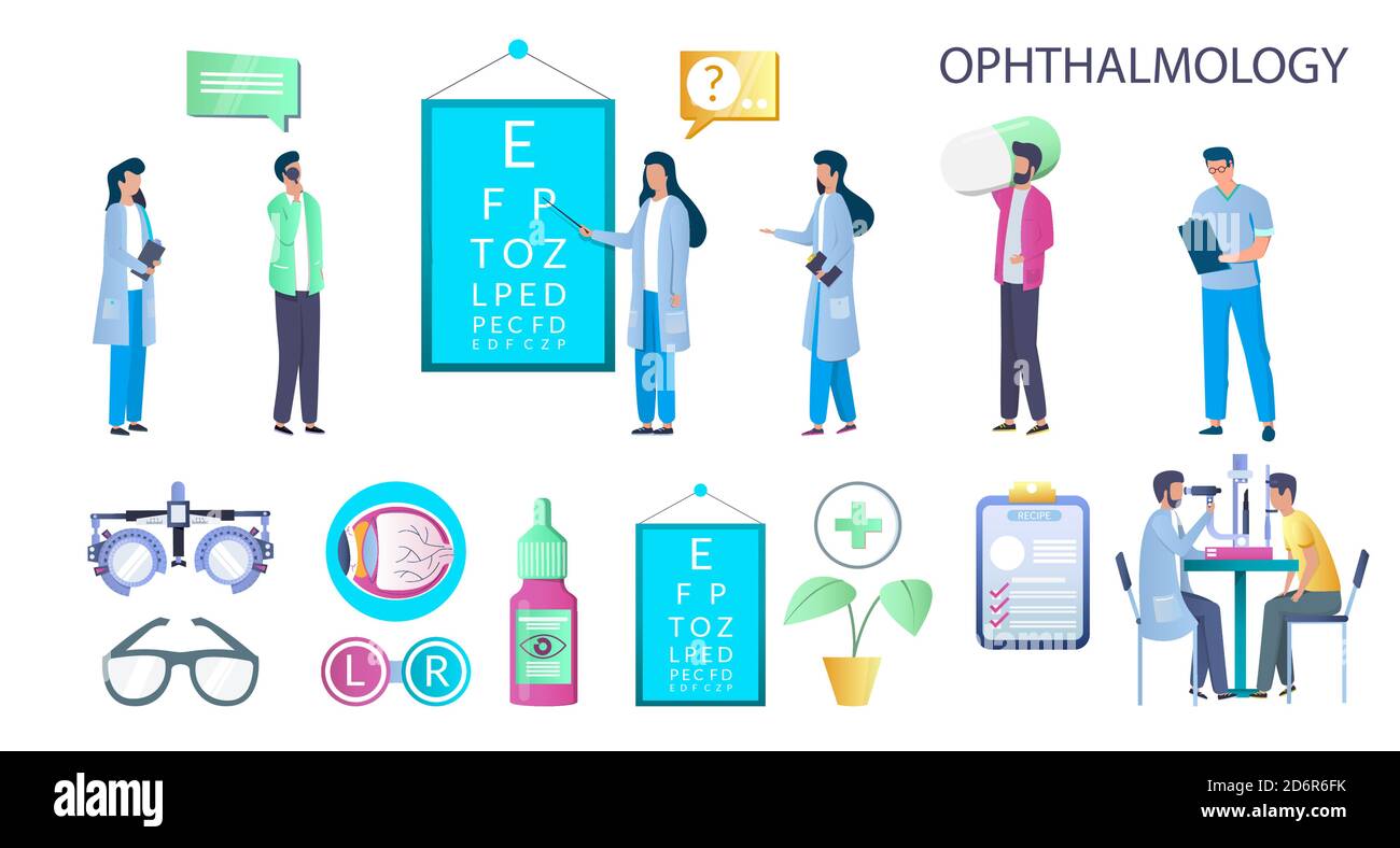 Ophthalmology set, flat vector isolated illustration. Doctor oculist ...