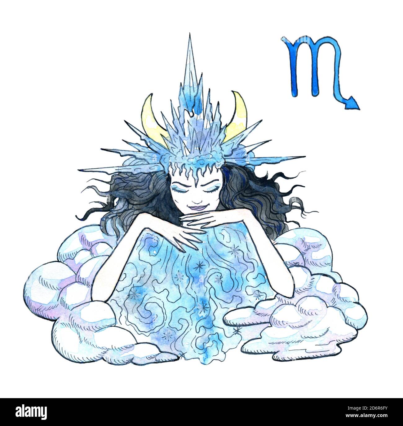 Scorpio or Scorpion zodiac symbol. Beautiful girl wearing ice crown ...