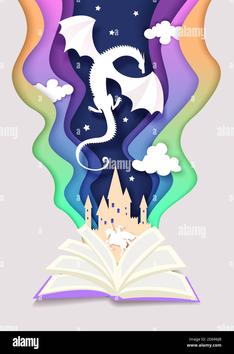 Open story book with medieval castle, knight, dragon silhouettes ...