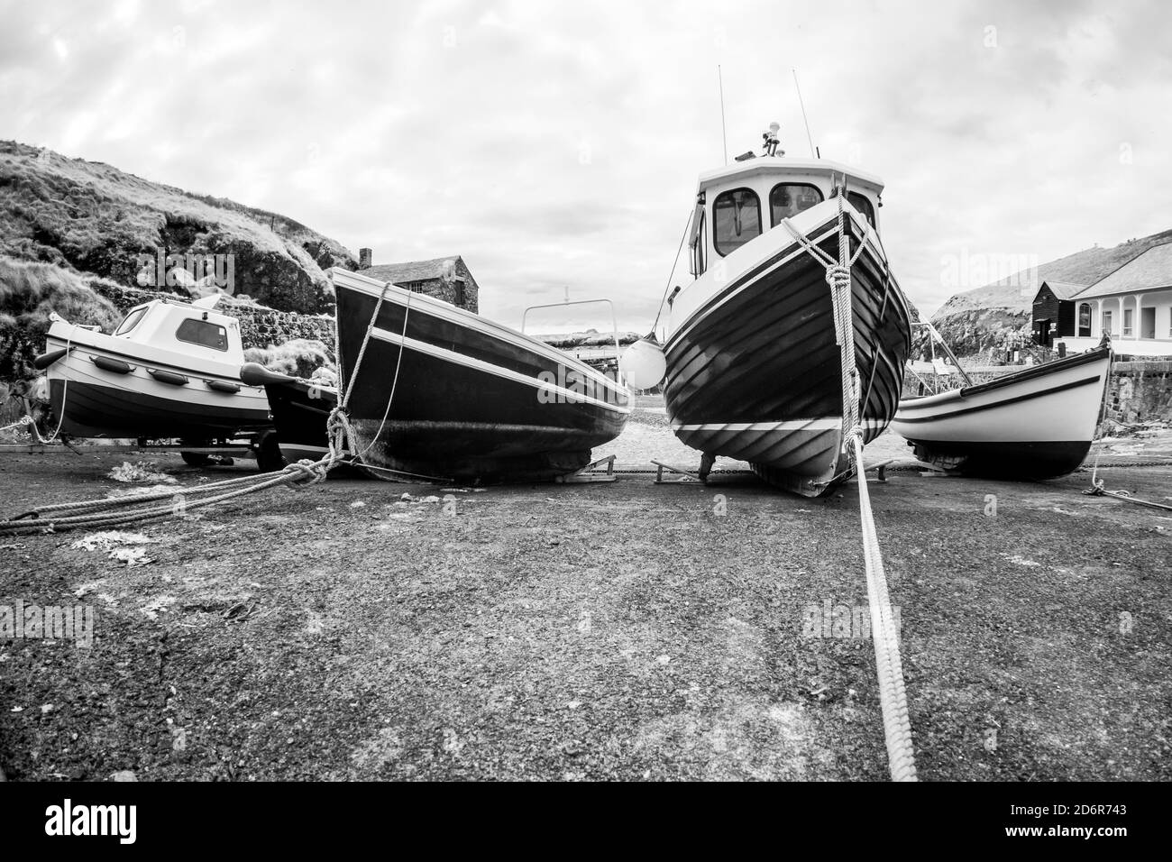 Mullion Harbour in infrared light black and white Stock Photo - Alamy