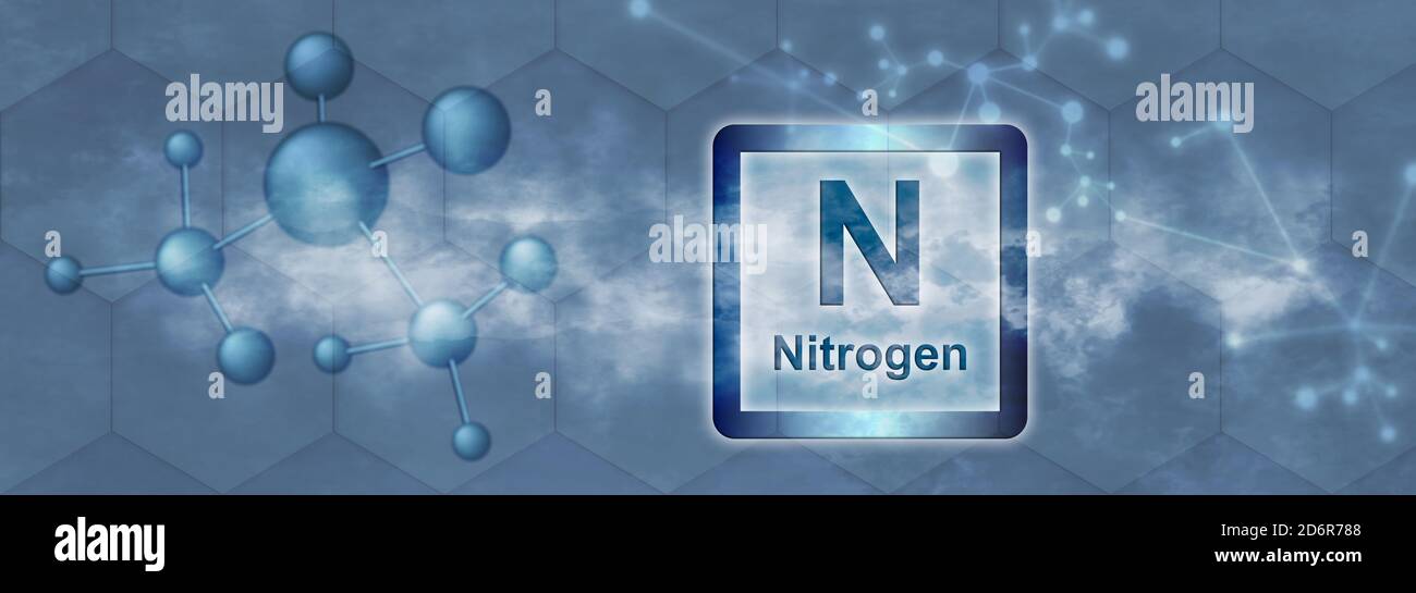 N symbol. Nitrogen chemical element with molecule and network on grey ...