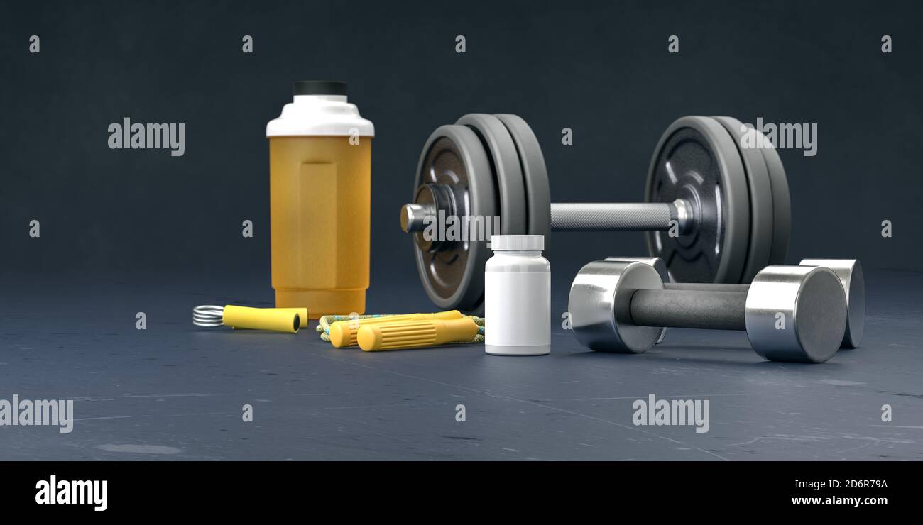 Supplement and gym and fitness workout equipment. Sport lifting ...