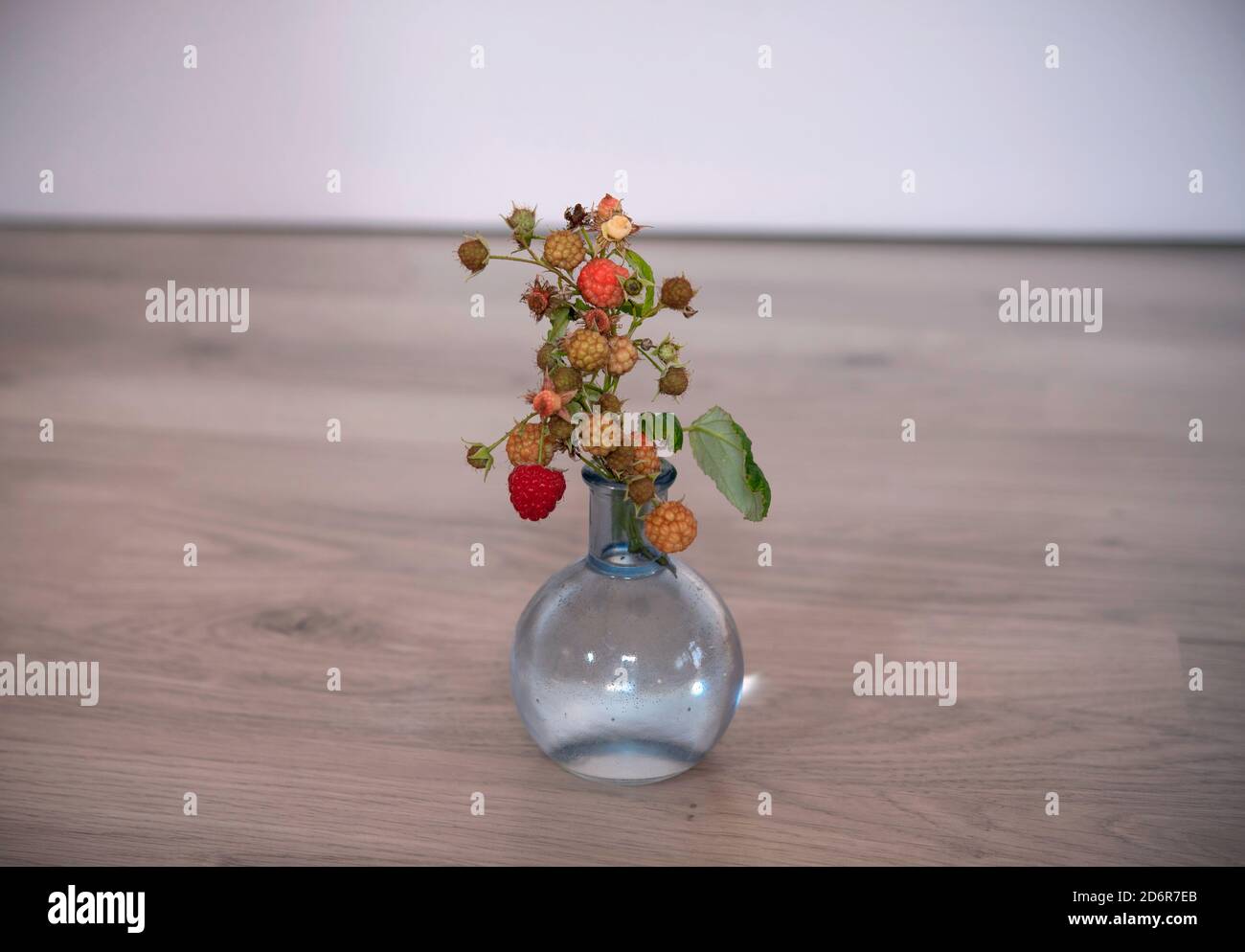Branch of raspberries in a glass vase. Branch of raspberries in mini ...