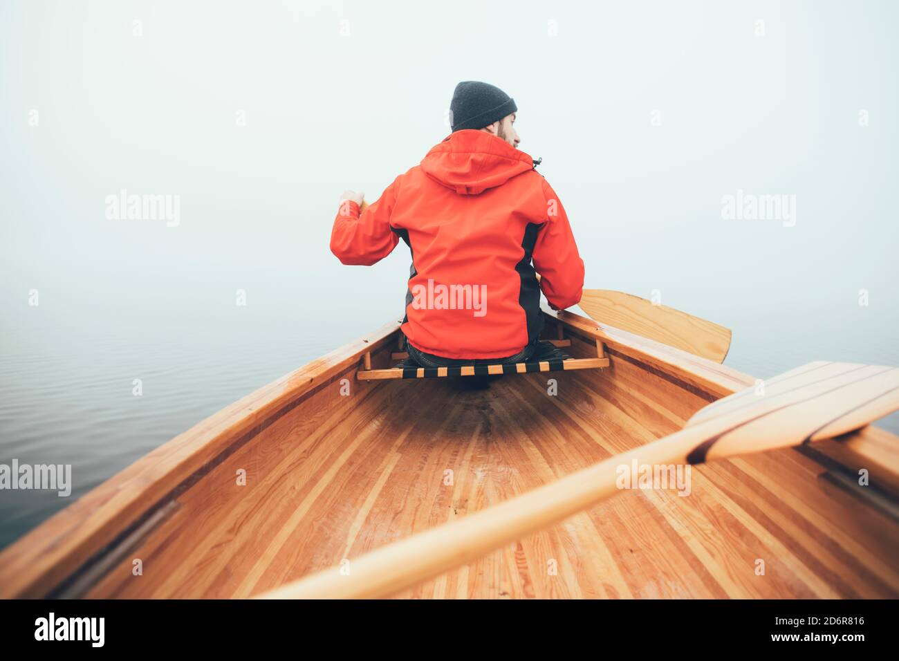 Rear view of active man paddling canoe Stock Photo - Alamy