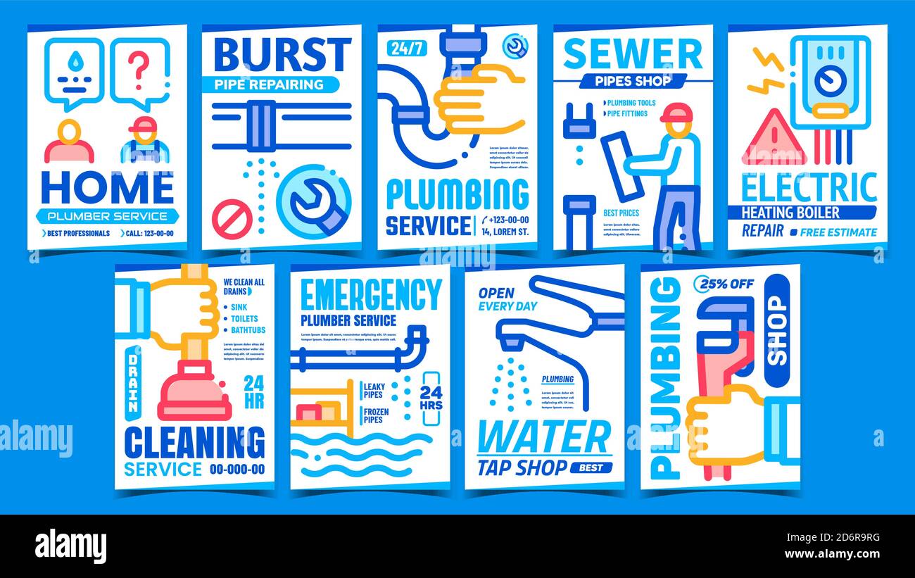 Plumber Service Creative Promo Posters Set Vector Stock Vector Image ...