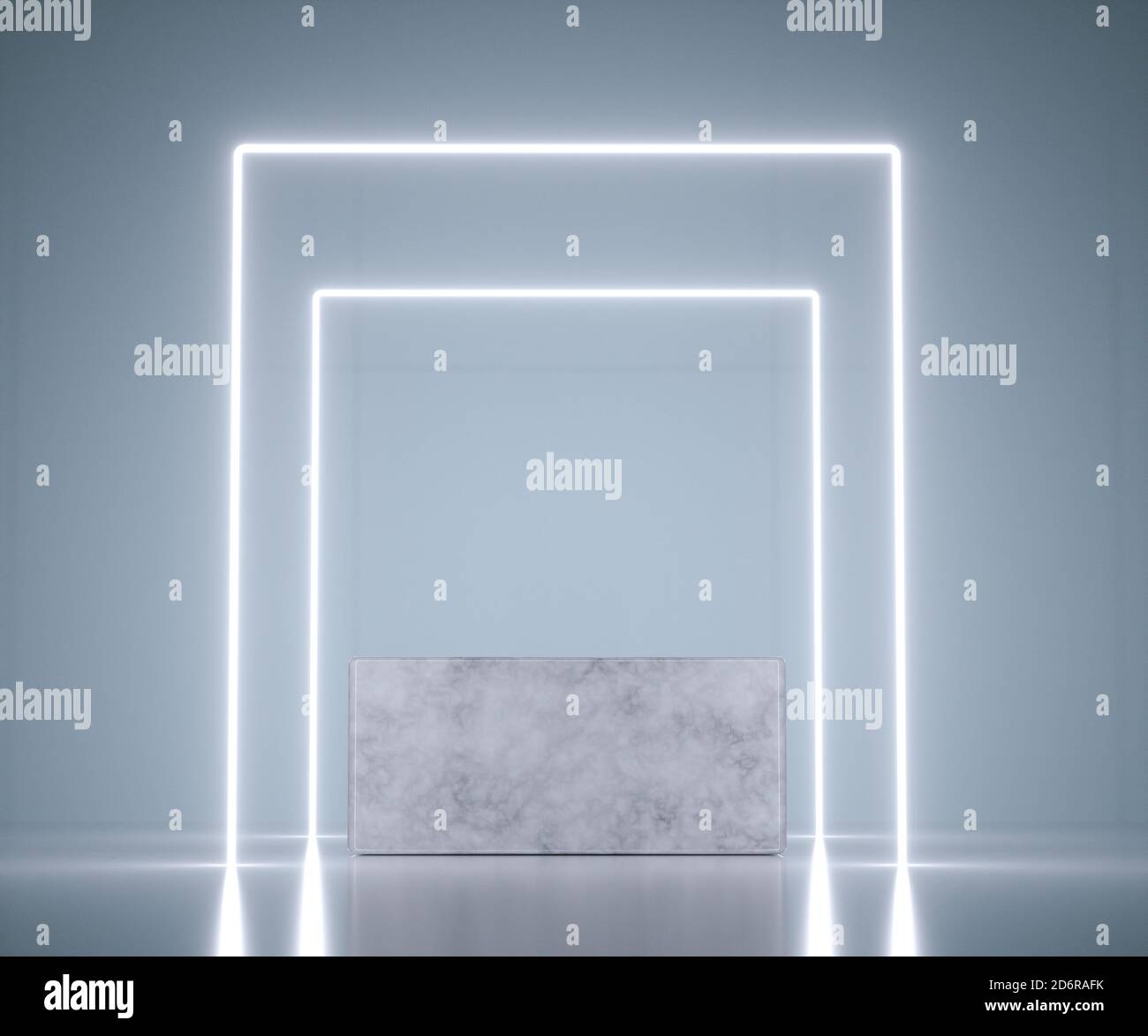Square shape of product display with neon light over marble pedestal ...