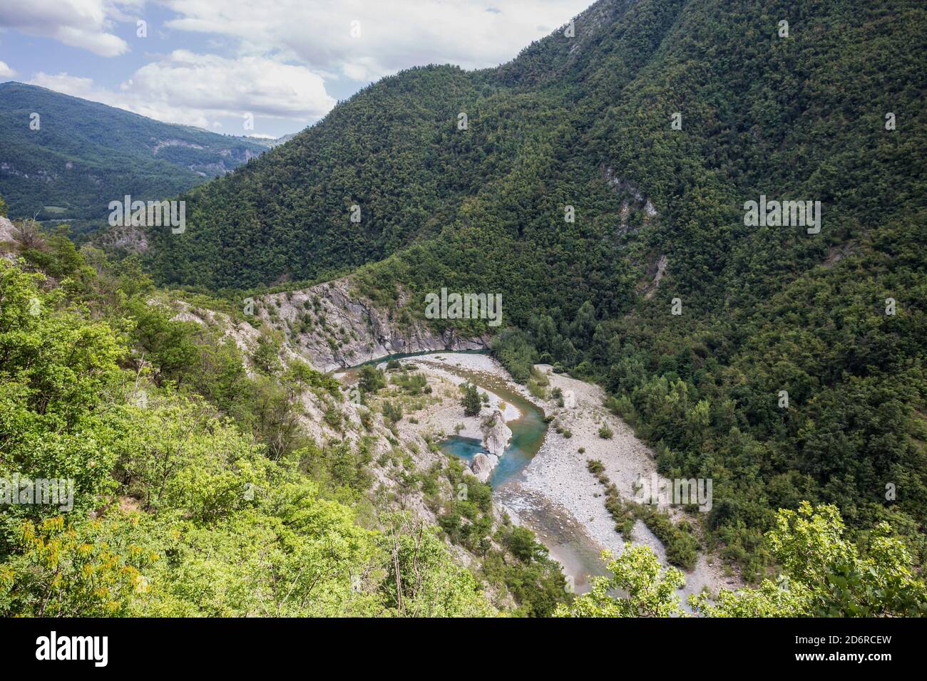 The river Trebbia and the surrounding hills during the summer, Emilia ...