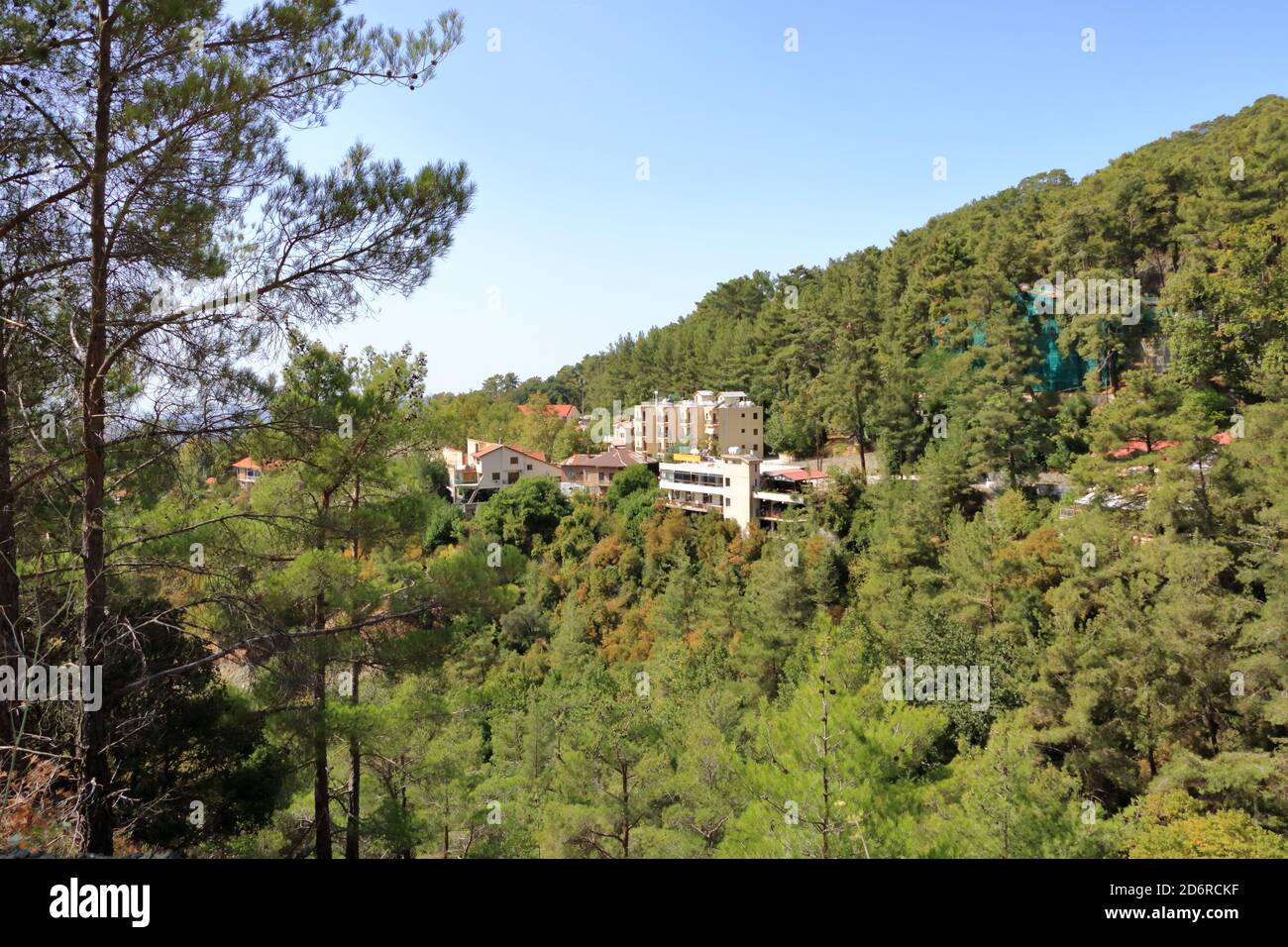 Aerial view of Pano Platres village, winter resort, on Troodos ...