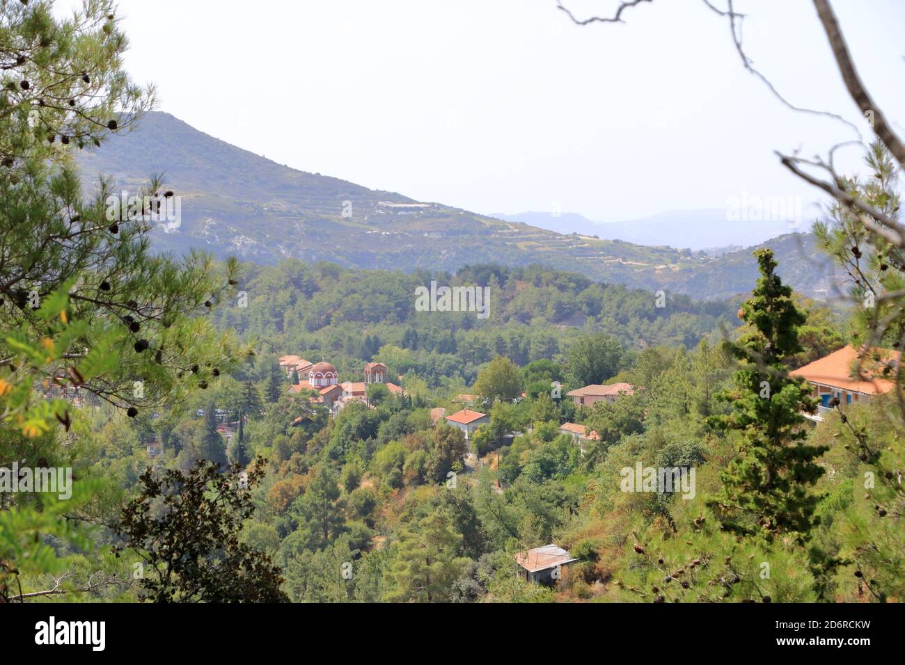 Aerial view of Pano Platres village, winter resort, on Troodos ...