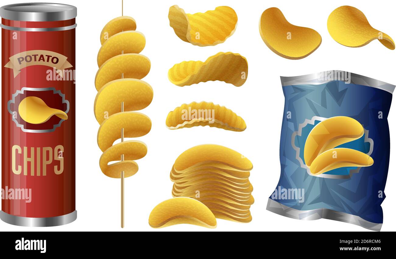 Chips potato icons set. Cartoon set of chips potato vector icons for ...