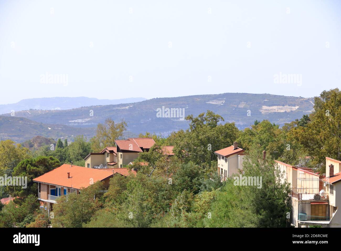 Aerial view of Pano Platres village, winter resort, on Troodos ...