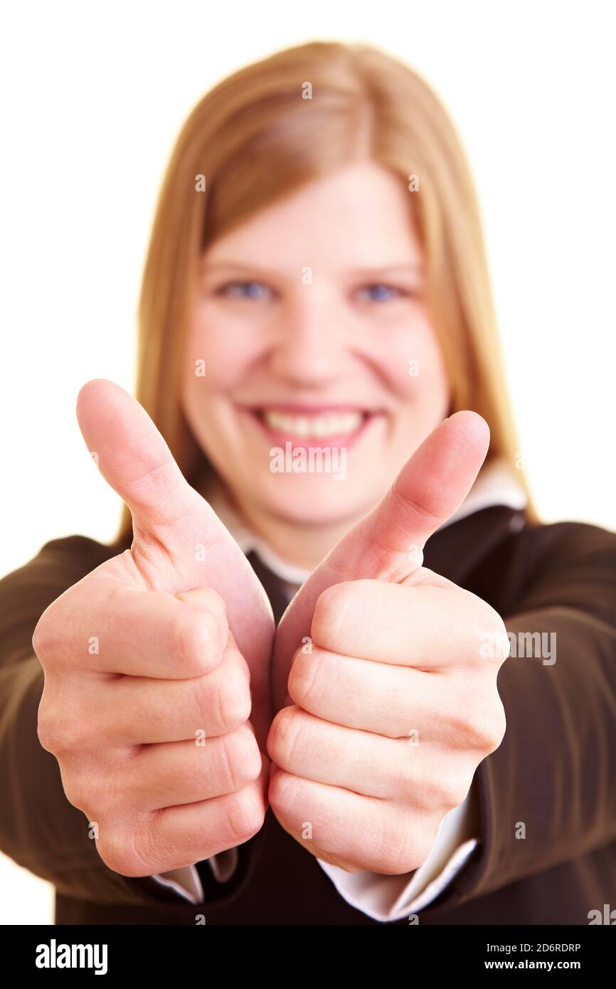 Blonde businesswoman showing both thumbs up Stock Photo - Alamy