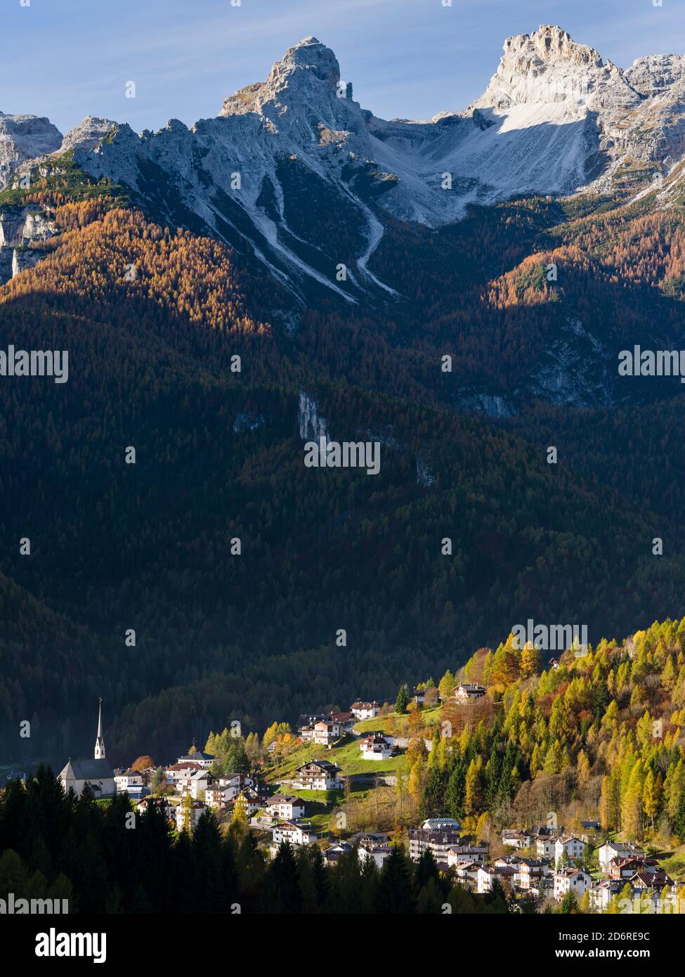 View towards the Tamer mountain range in the dolomites. Village ...