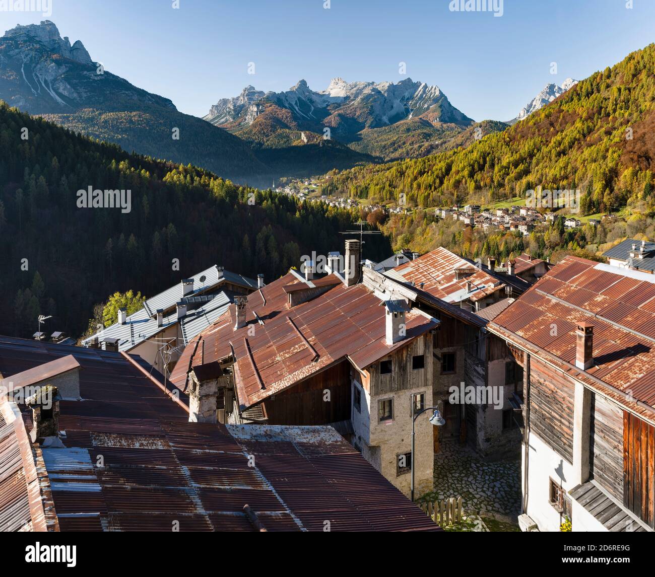 View towards the Tamer mountain range in the dolomites. Village ...