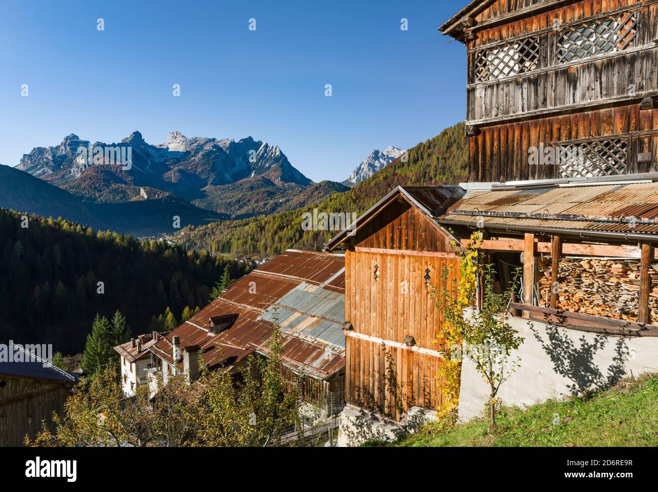 View towards the Tamer mountain range in the dolomites. Village ...