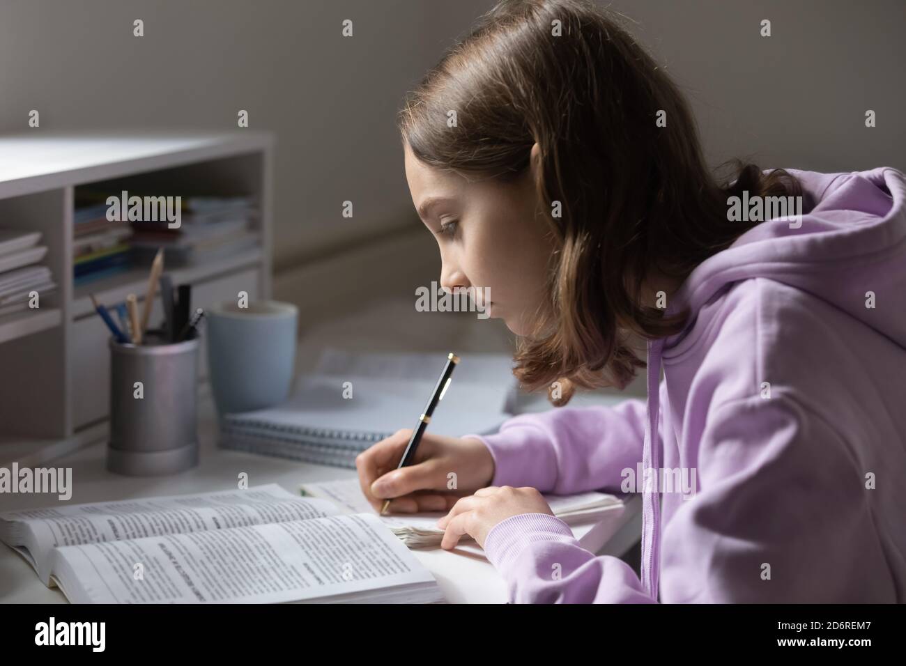 Focused teen girl study making assignment at home Stock Photo - Alamy