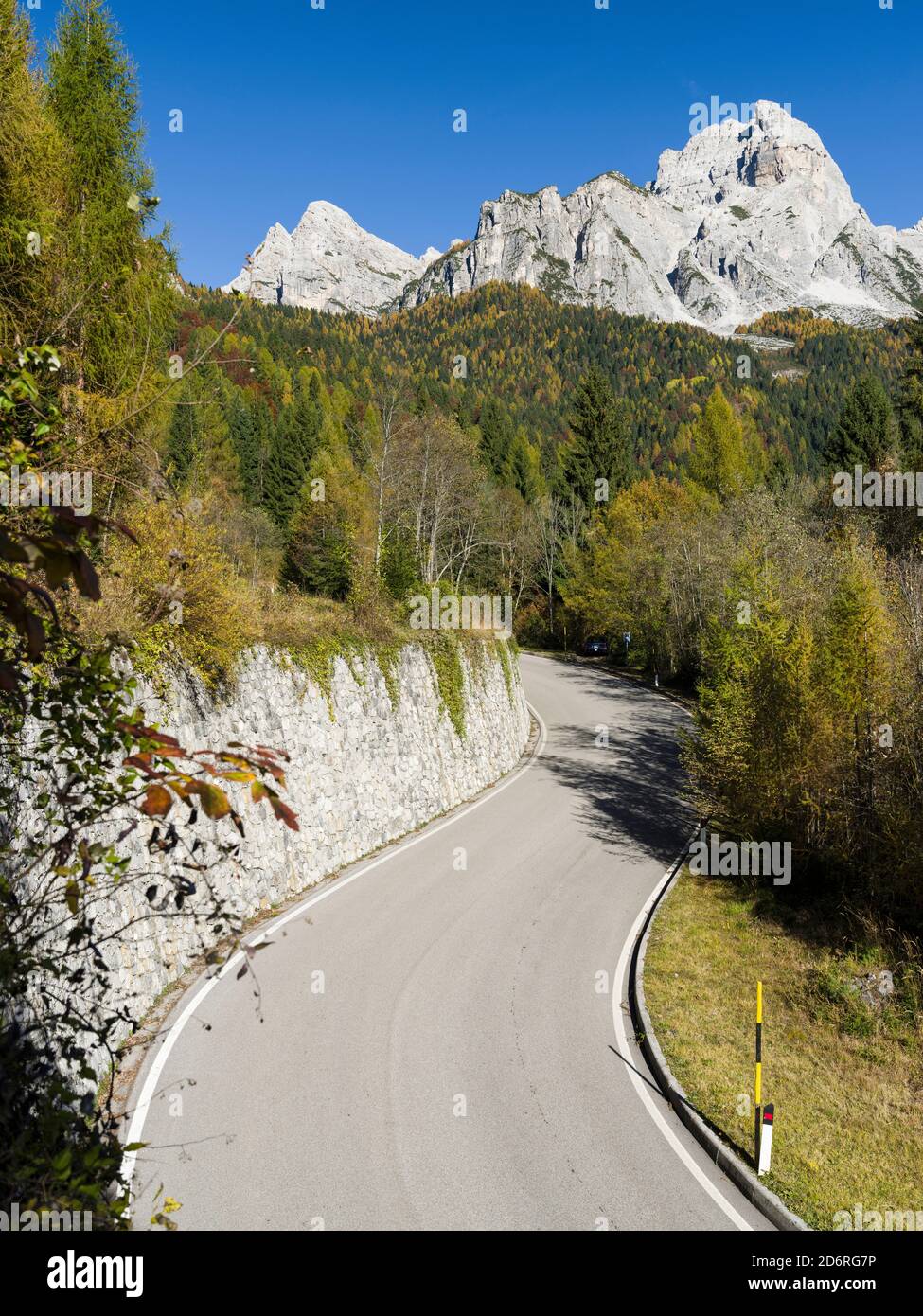 Tamer mountain range in the Dolomites of the Veneto, road leading up to ...